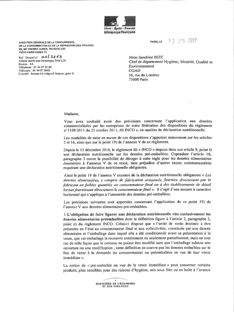 Courrier DGCCRF Exemption Declaration Nutritionelle | PDF