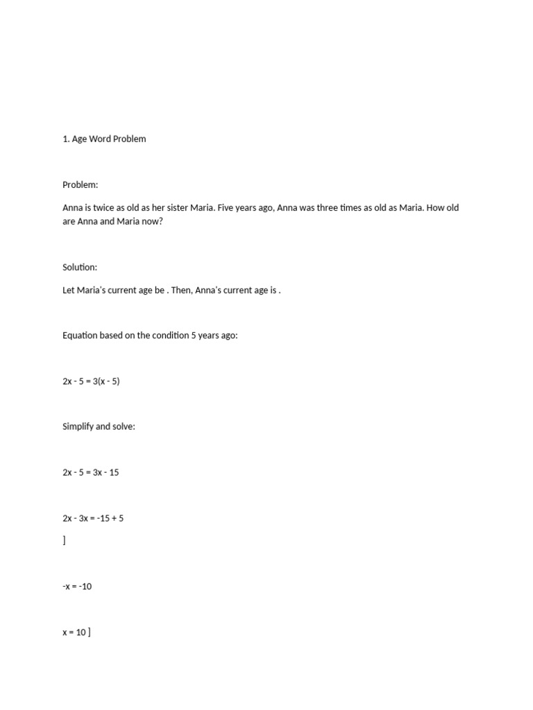 SOLVING:Age Word Problem/mixture Problem and Distance, Rate and Time Problem. | PDF | Equations ...