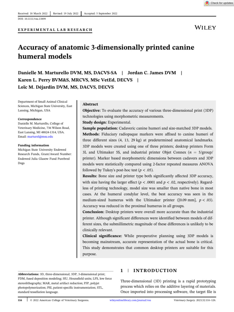 Accuracy of Anatomic 3-Dimensionally Printed Canine Humeral Models | PDF