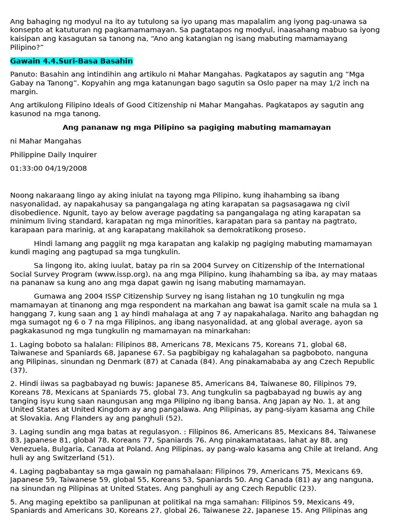 Ang Pananaw NG Mga Pilipino Sa Pagiging Mabuting Mamamayan | PDF