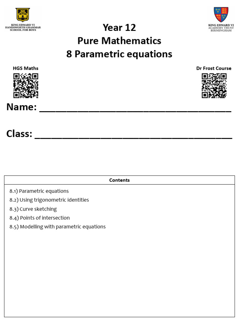 8 Parametric Equations Student | PDF | Equations | Mathematical Analysis