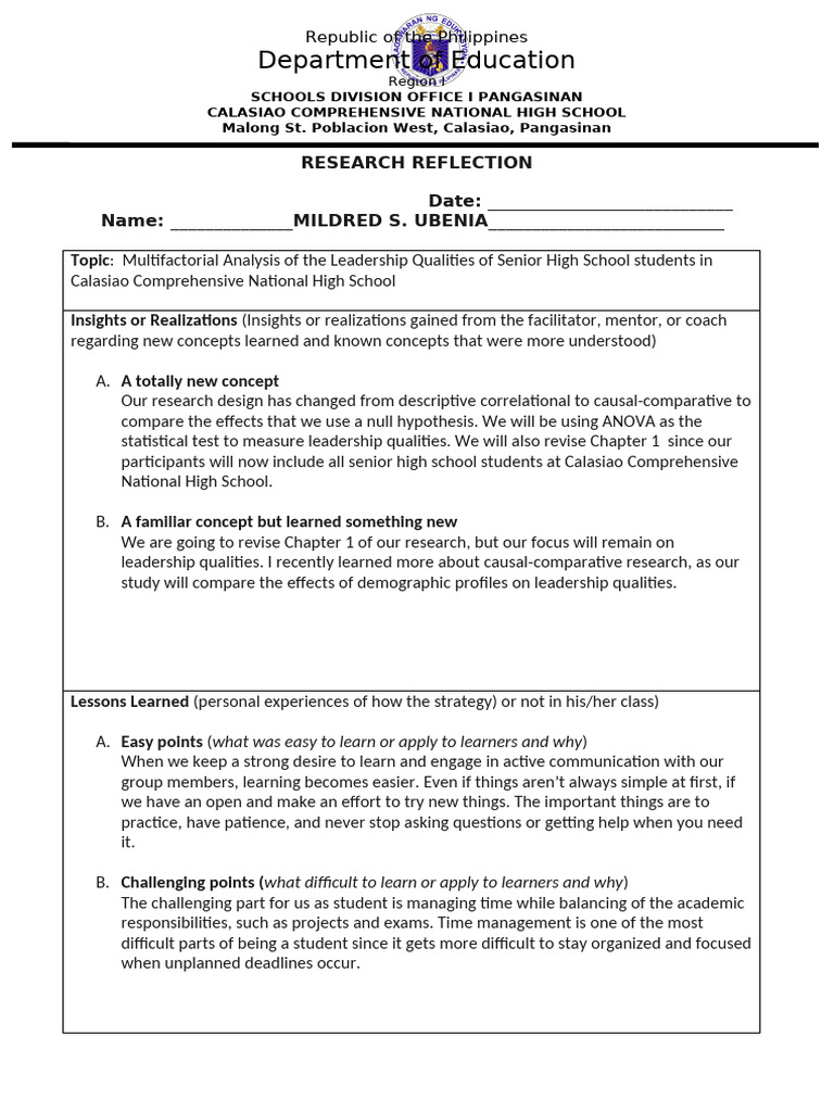 Reflection Research Journal | PDF | Statistics | Leadership