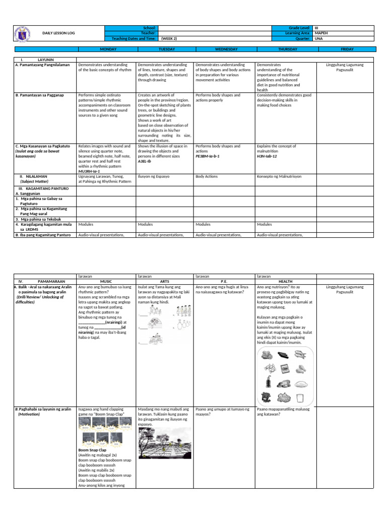 DLL - Mapeh 3 - Q1 - W2 | PDF