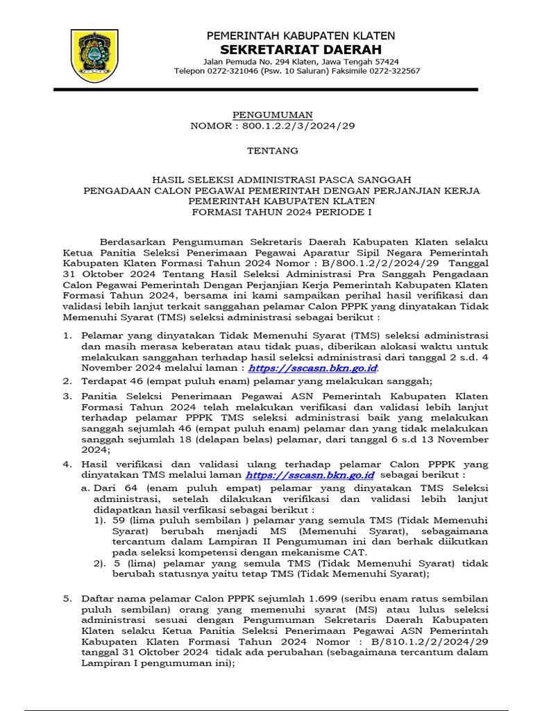 Pengumuman Hasil Seleksi Administrasi Pasca Sanggah Pengadaan PPPK Tahun 2024 | PDF