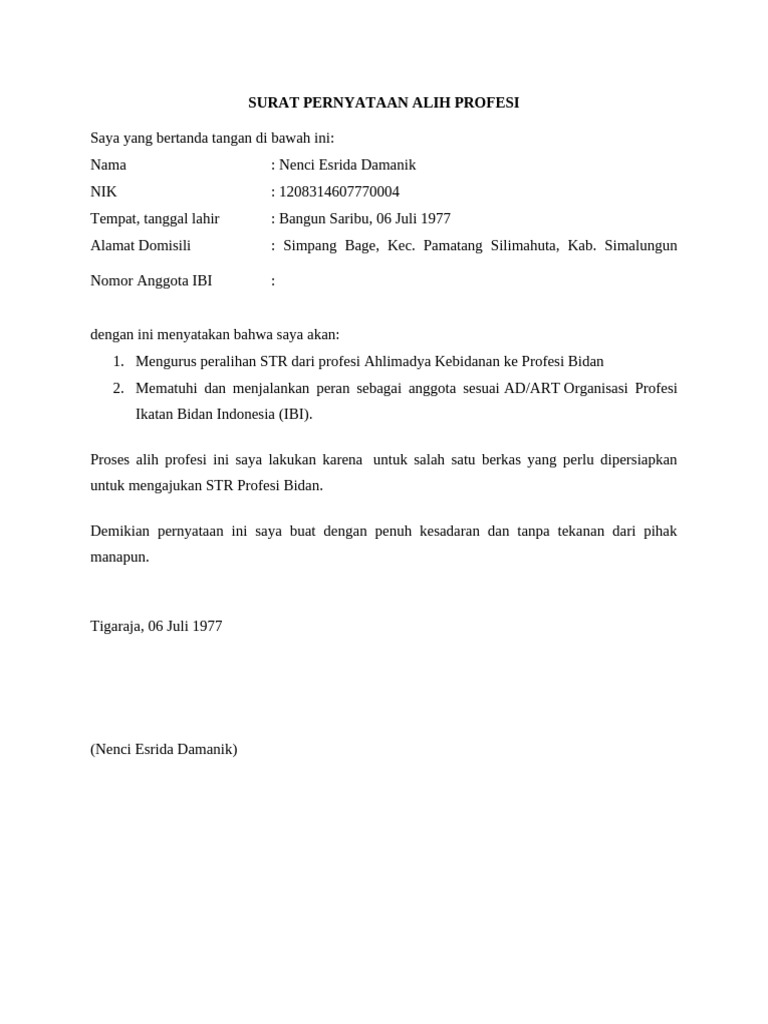 Surat Pernyataan Alih Profesi Bidan | PDF