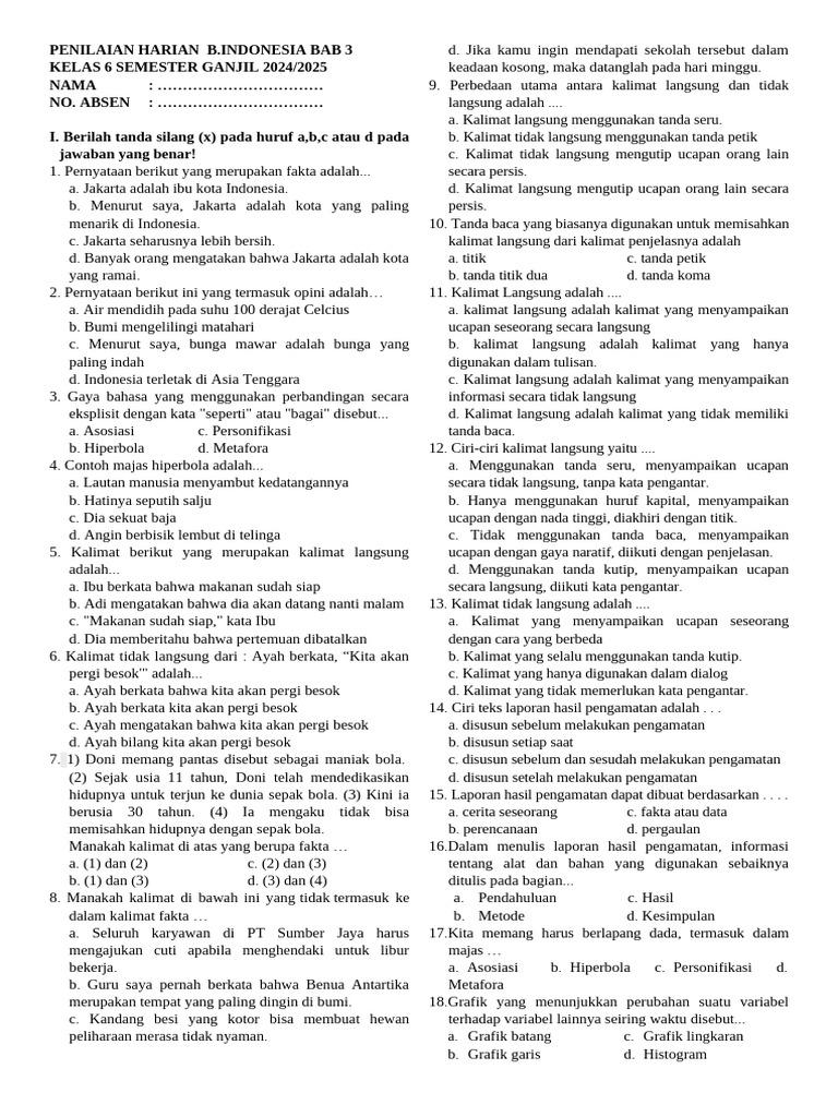 Soal PH Bindo Kelas 6 Bab 3 SMT 1 | PDF