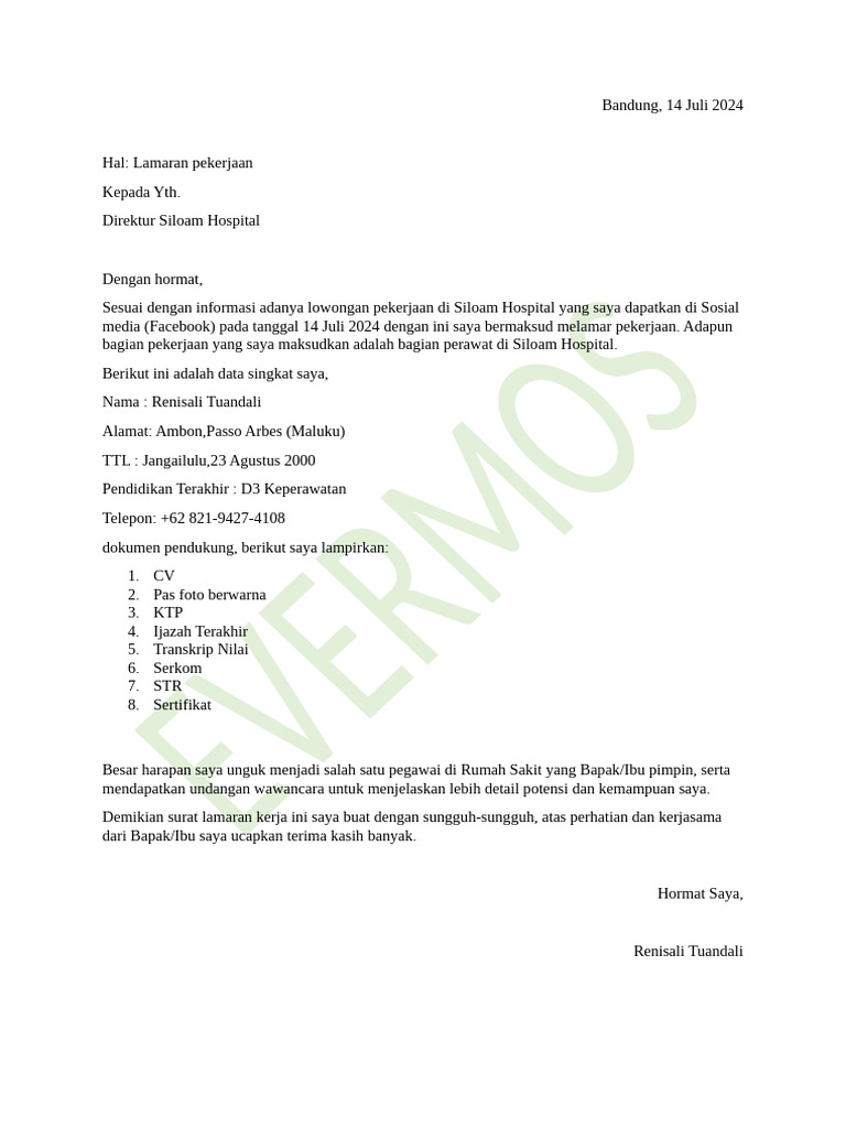 Contoh Surat Lamaran Kerja Perawat | PDF