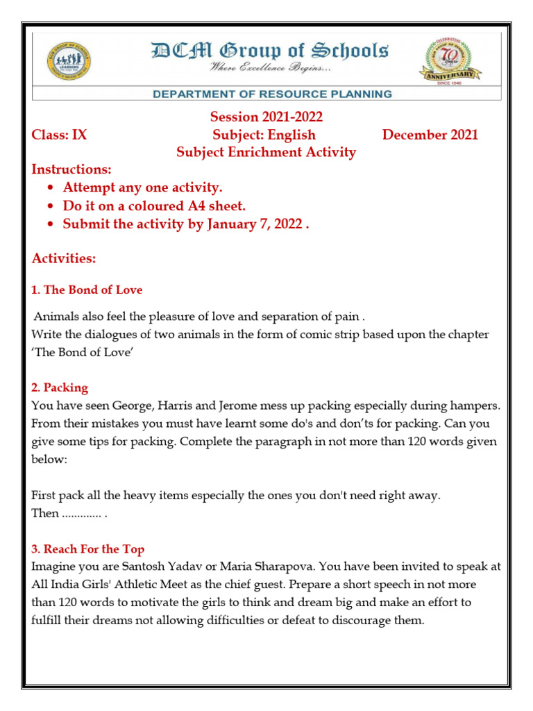 Resource 20211230143344 Class Ix English Subject Enrichment Activity | PDF