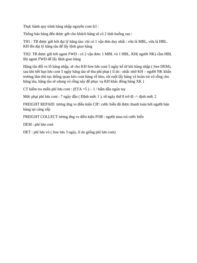 Thực hành quy trình hàng nhập nguyên cont fcl | PDF