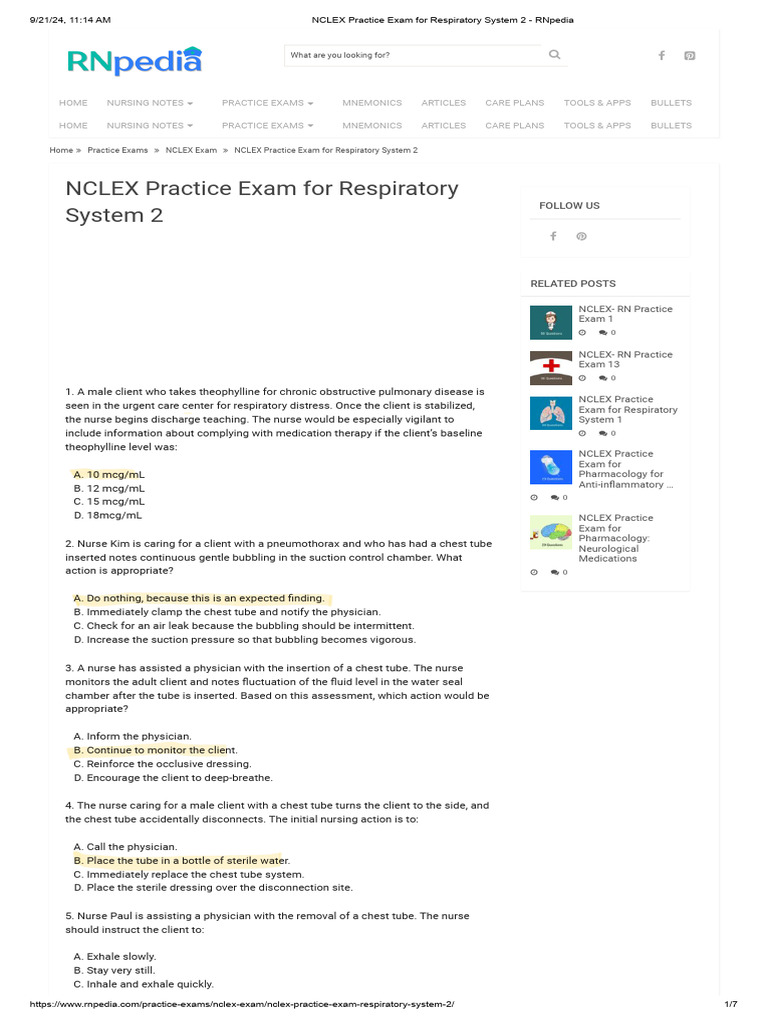 NCLEX Practice Exam For Respiratory System 2 RNpedia | PDF | Chronic ...