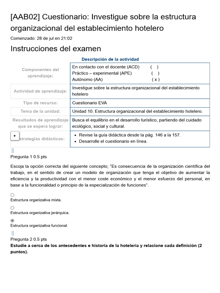 Examen - (AAB02) Cuestionario - Investigue Sobre La Estructura ...