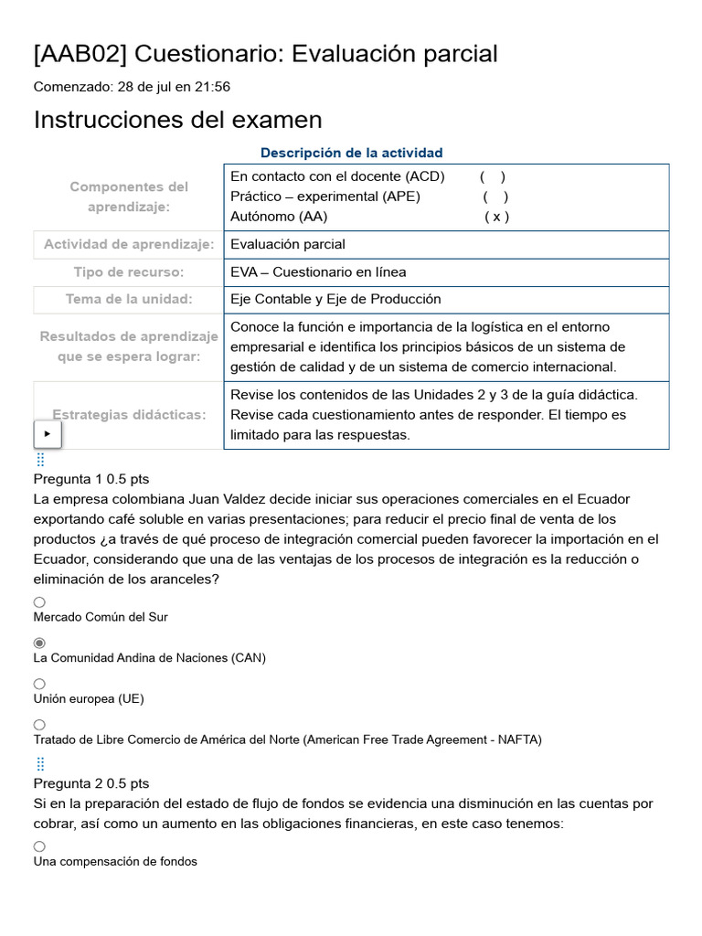Examen - (AAB02) Cuestionario - Evaluación Parcial PRACTICUM 4 | PDF | Business | Calidad ...