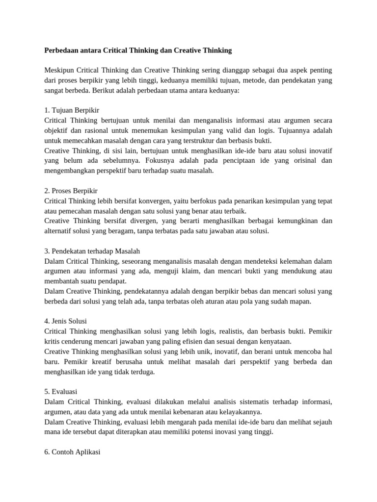 Perbedaan Antara Critical Thinking Dan Creative Thinking | PDF | Karier & Perkembangan | Sains ...