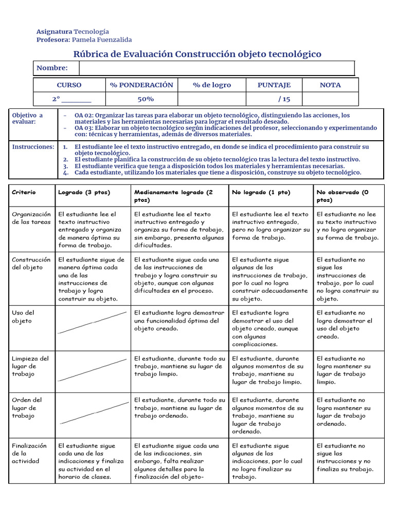 Rúbrica Evaluación Objeto Tecnológico | PDF | Crecimiento personal y profesional | Arte