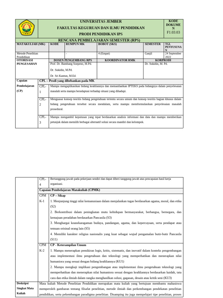 RPS S2 Metode Penelitian Baru | PDF