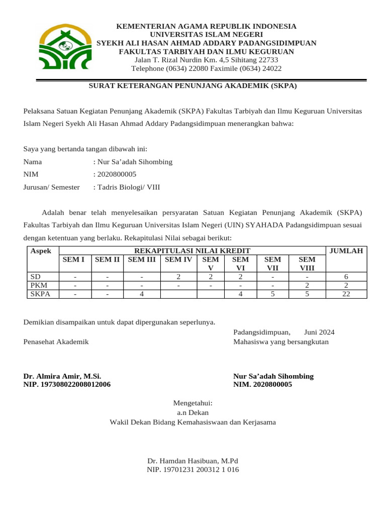 Surat Keterangan Skpa Saadah SHB | PDF | Sains & Matematika