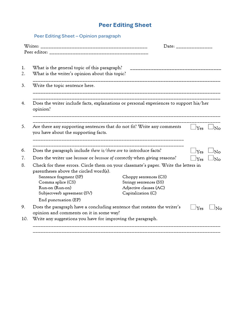 Peer Editing Sheet - Opinion Paragraph | PDF