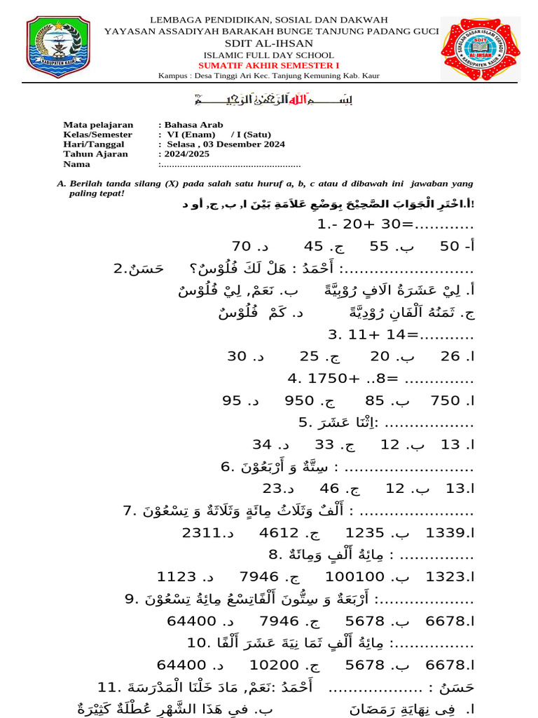 Soal Bahasa Arab Kelas 6 | PDF