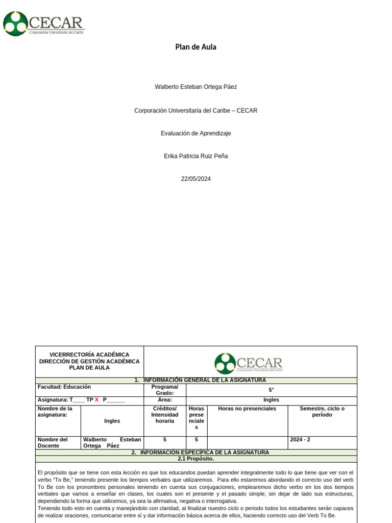 Formato Plan de Aula WO | PDF | Verbo | Enseñando