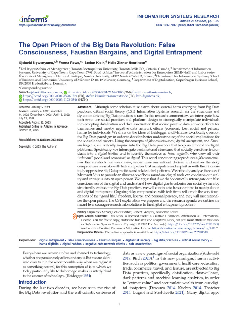 Ngwenyama Et Al 2023 The Open Prison of The Big Data Revolution False Consciousness Faustian ...