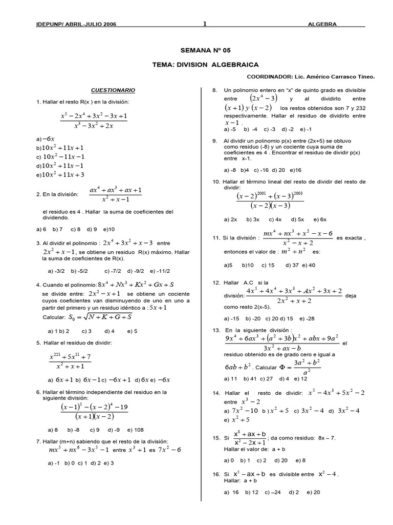 Algebra - S05 - Regular 2006 - 2 | PDF | División (Matemáticas ...