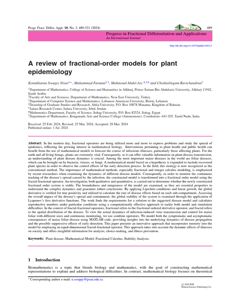 A Review of Fractional-Order Models For Plant Epidemiology: Progress in ...