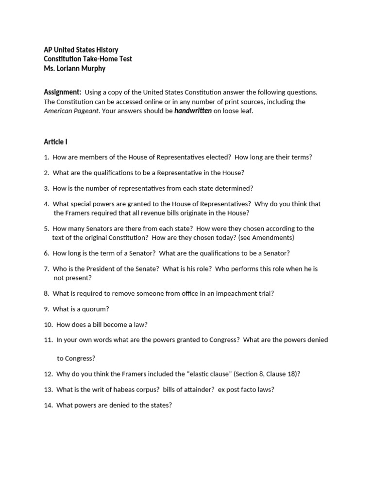 2023 APUSH Constitution Take-Home Test | PDF | United States Bill Of ...