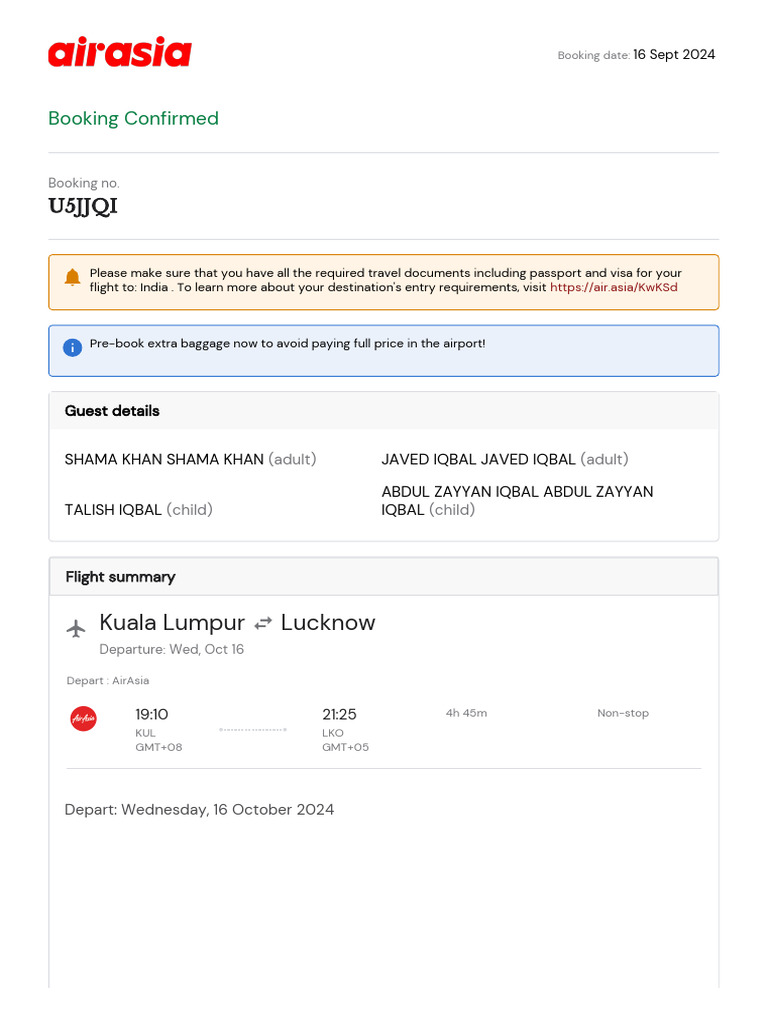 Itinerary KUL LKO 16-10-2024 62819193317 | PDF