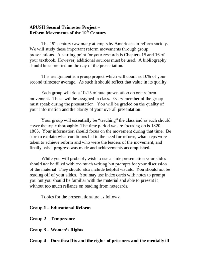 APUSH Reform Movements Project | PDF