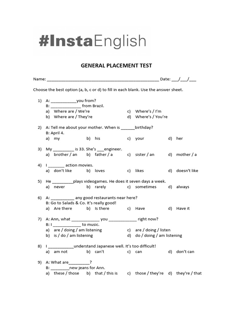 General English Placement Test | PDF | Language Arts & Discipline