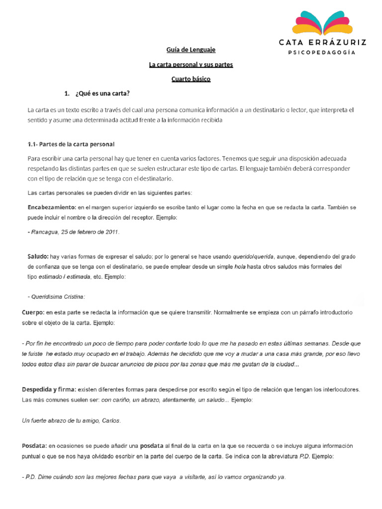 Guía de Lenguaje Carta y Sus Partes Cuarto Básico | PDF | Artes del ...