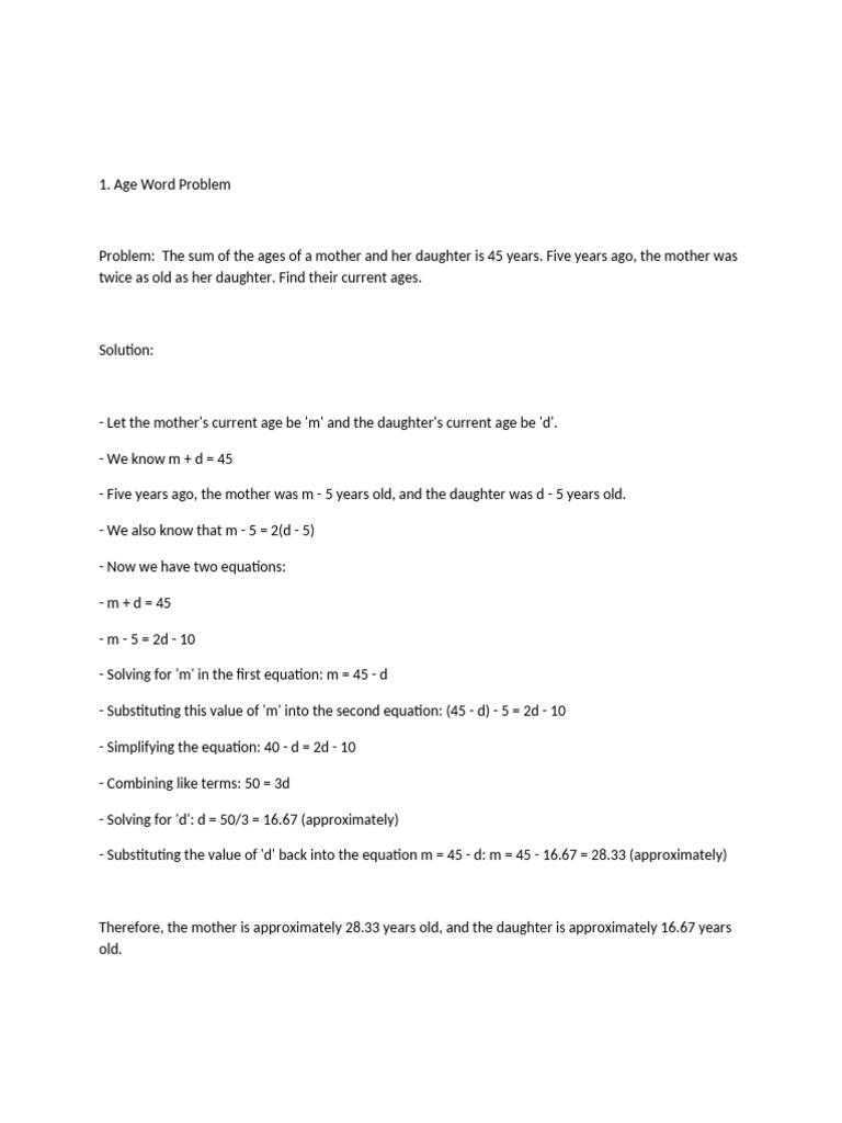 Age Word Problem Mixture Problem Distance Rate And Time Problem Pdf