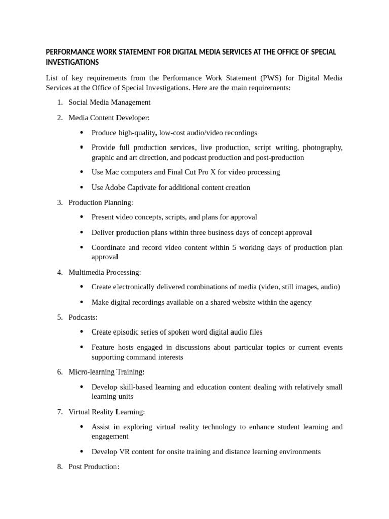 Performance Work Statement For Digital Media Services at The Office of ...
