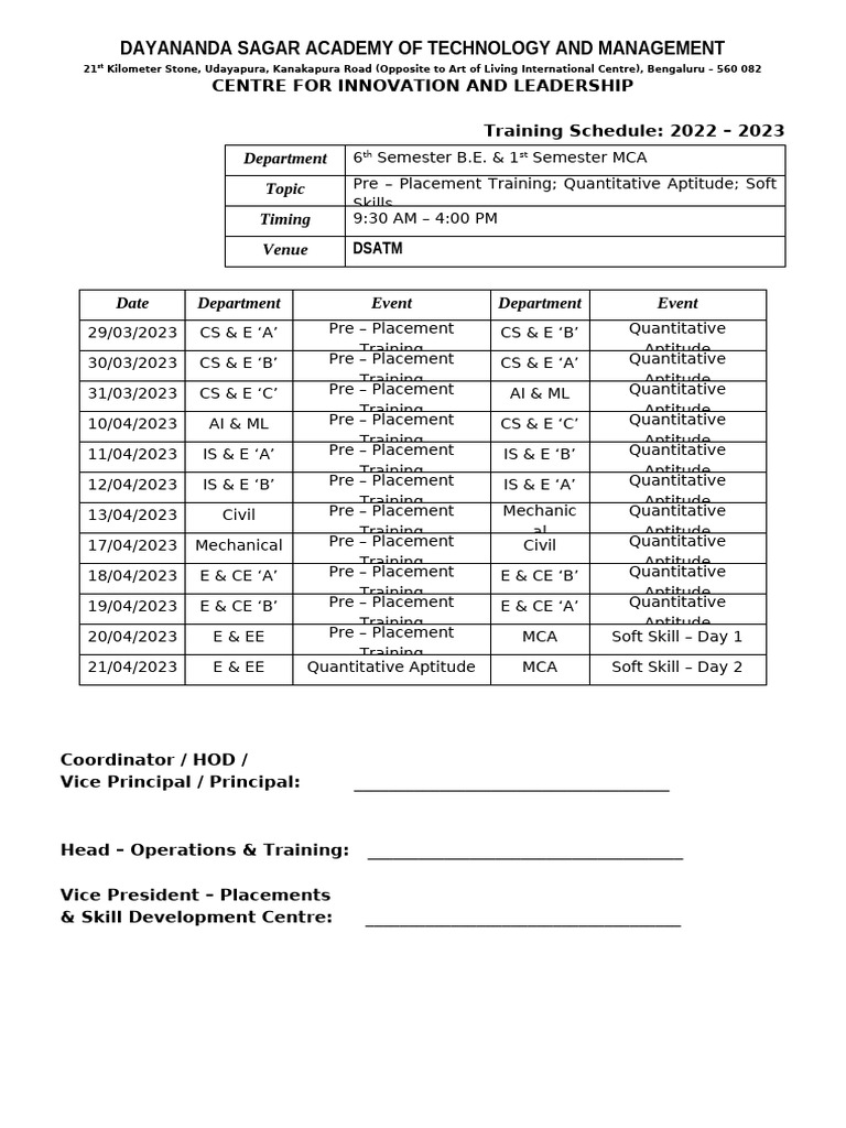 DSATM Pre-Placement Training Schedule | PDF