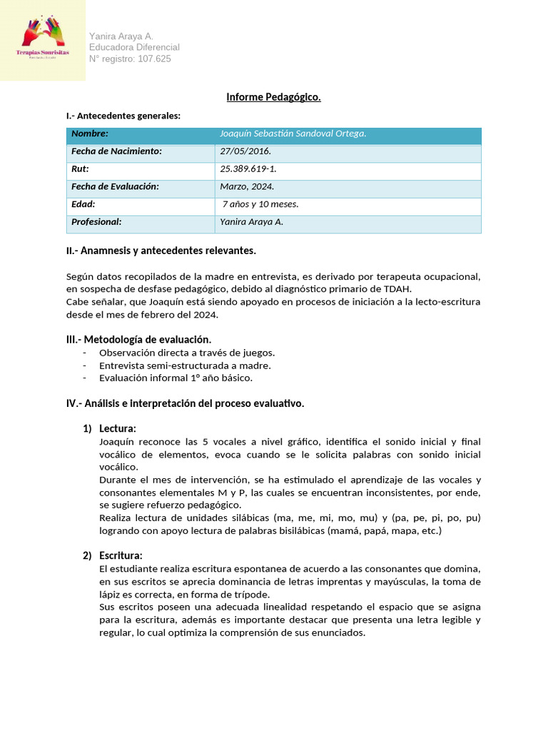 Informe Joaquín Sandoval Sonrisitas Pedagogico | PDF | Cognición | Aprendizaje