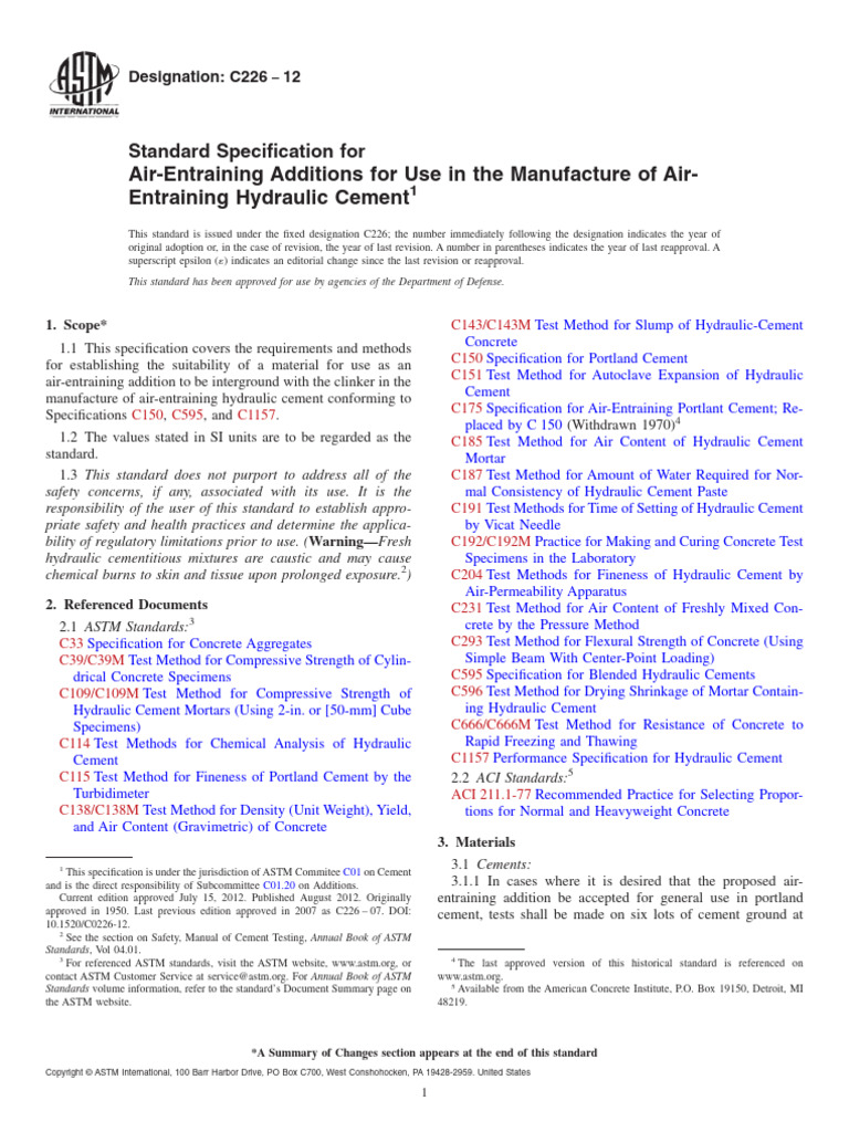C226-12 Standard Specification For Air-Entraining Additions For Use in ...