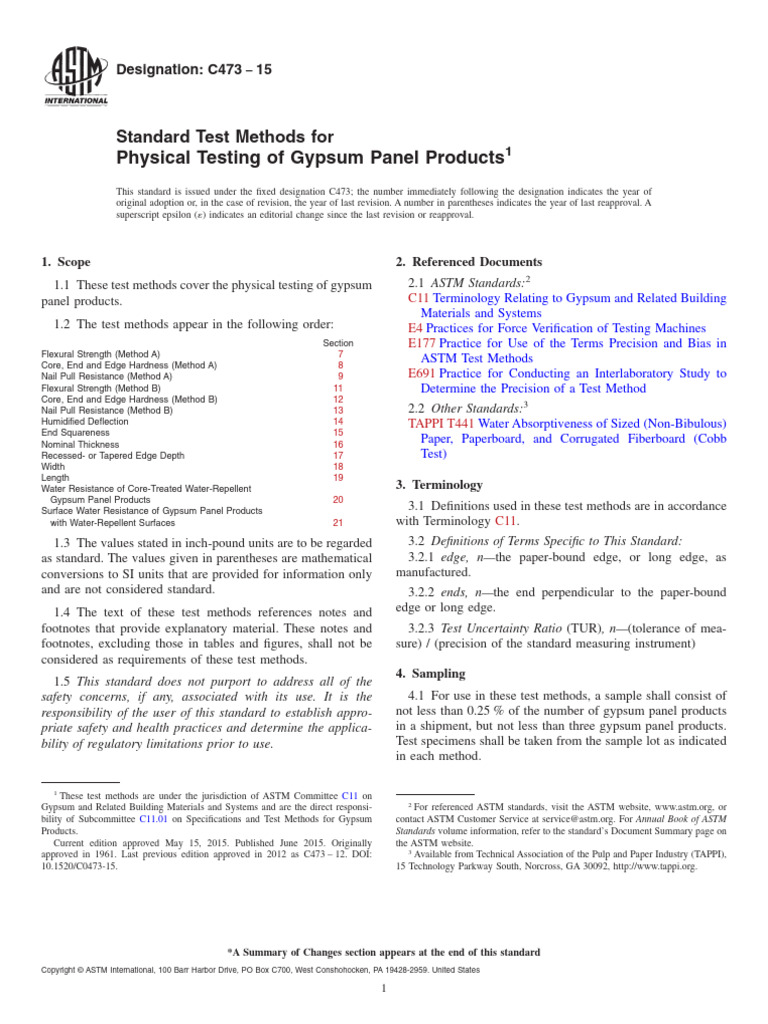 C473-15 Standard Test Methods For Physical Testing of Gypsum Panel ...