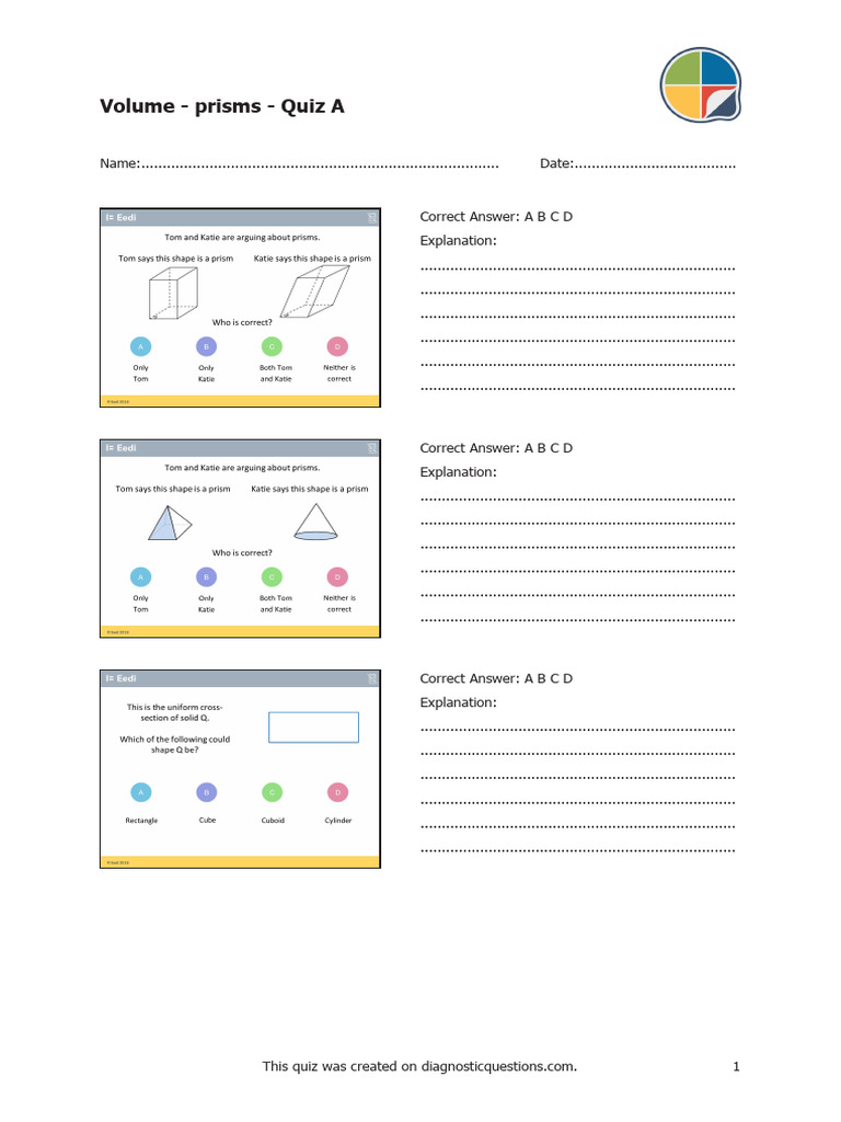 Volume - Prisms - Quiz A | PDF | Teaching Methods & Materials | Home ...