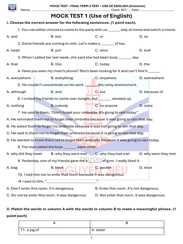 (6CI) MOCK TEST - FT2 (Use of English) - Test 1+2 | PDF
