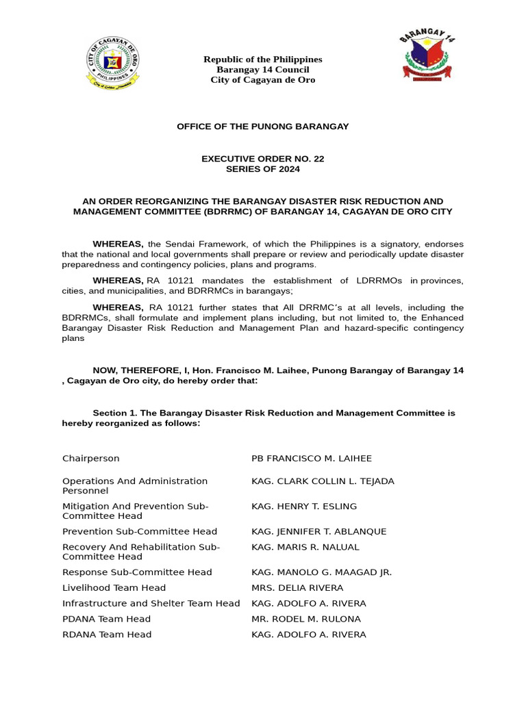 Eo Template Complete BDRRMC | PDF | Emergency Evacuation | Disaster ...