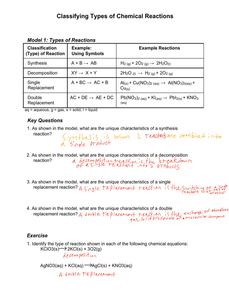 Classifying Types of Chemical Reactions - HW 1 | PDF