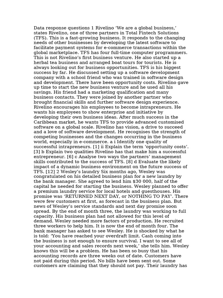 Data Response Questions As Business Chp1 Topic 1 Enterprise | PDF ...