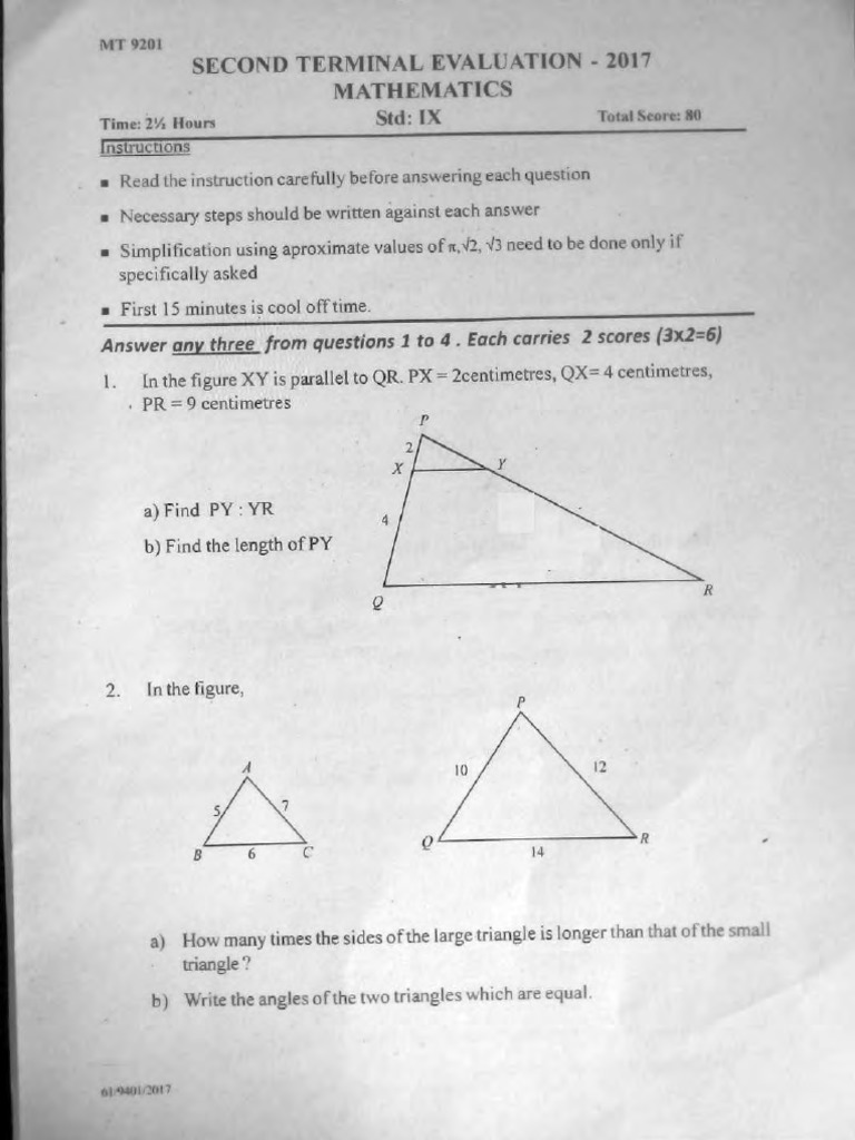 STD 9 Second Term Exam 2018 - Question Paper Maths English Medium | PDF