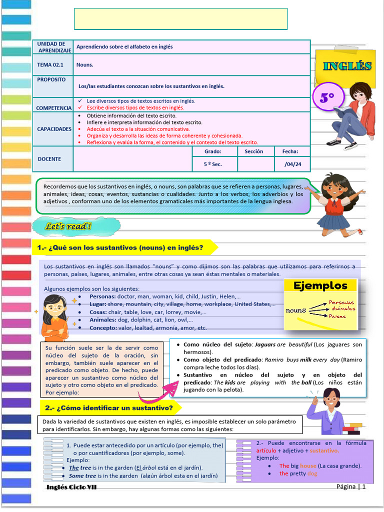 5° Ingl - Ficha Actv 02.1.unidad 01 | PDF | Sustantivo | Plural