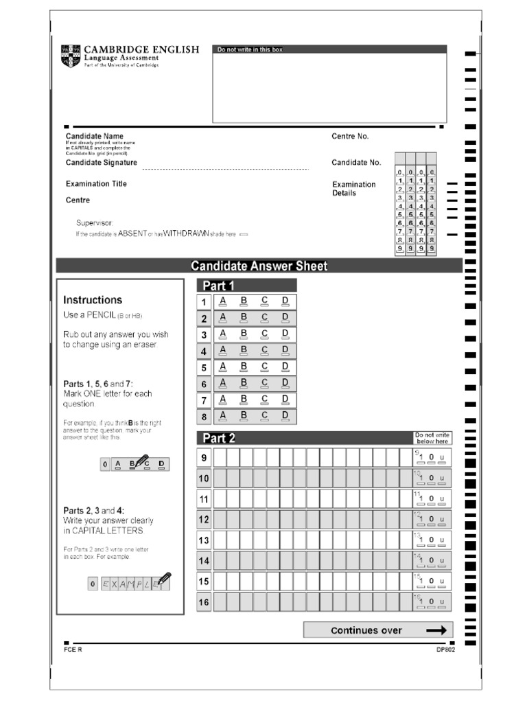 Answersheet Paper 1 | PDF