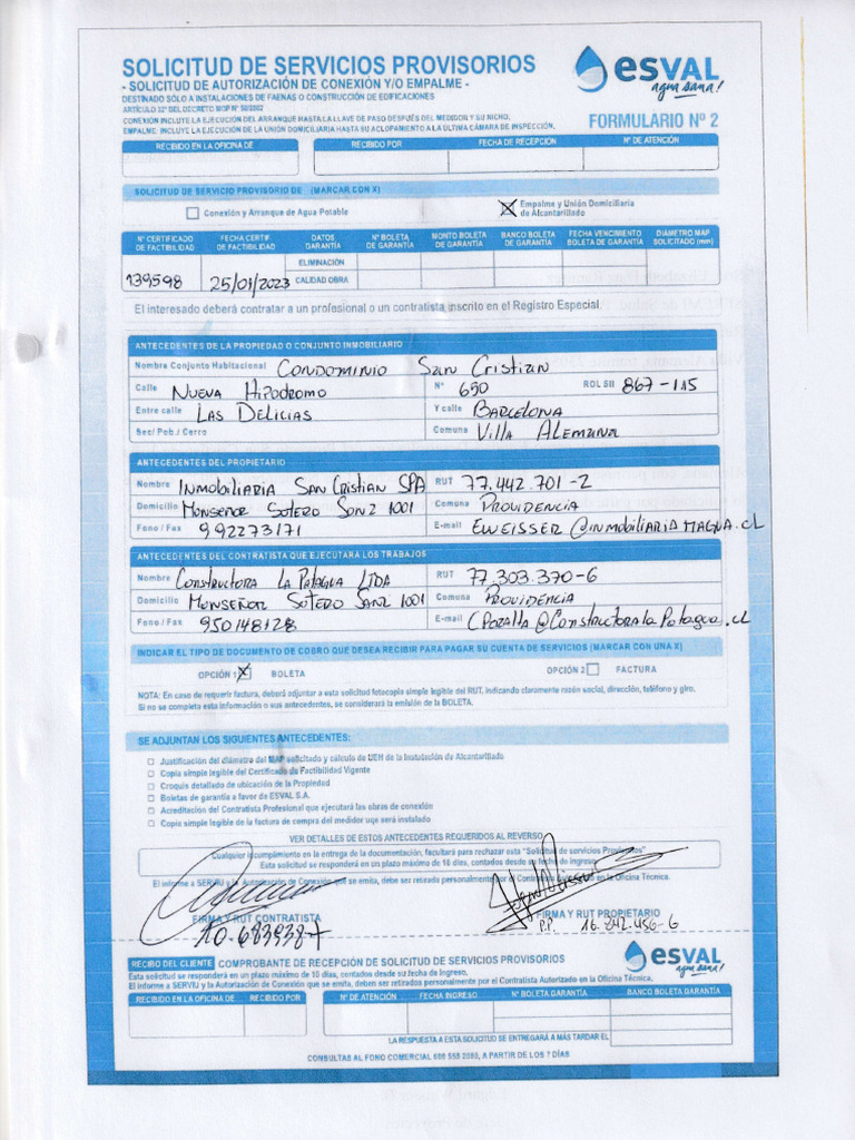 Solicitud Servicios Provisorios ESVAL | PDF