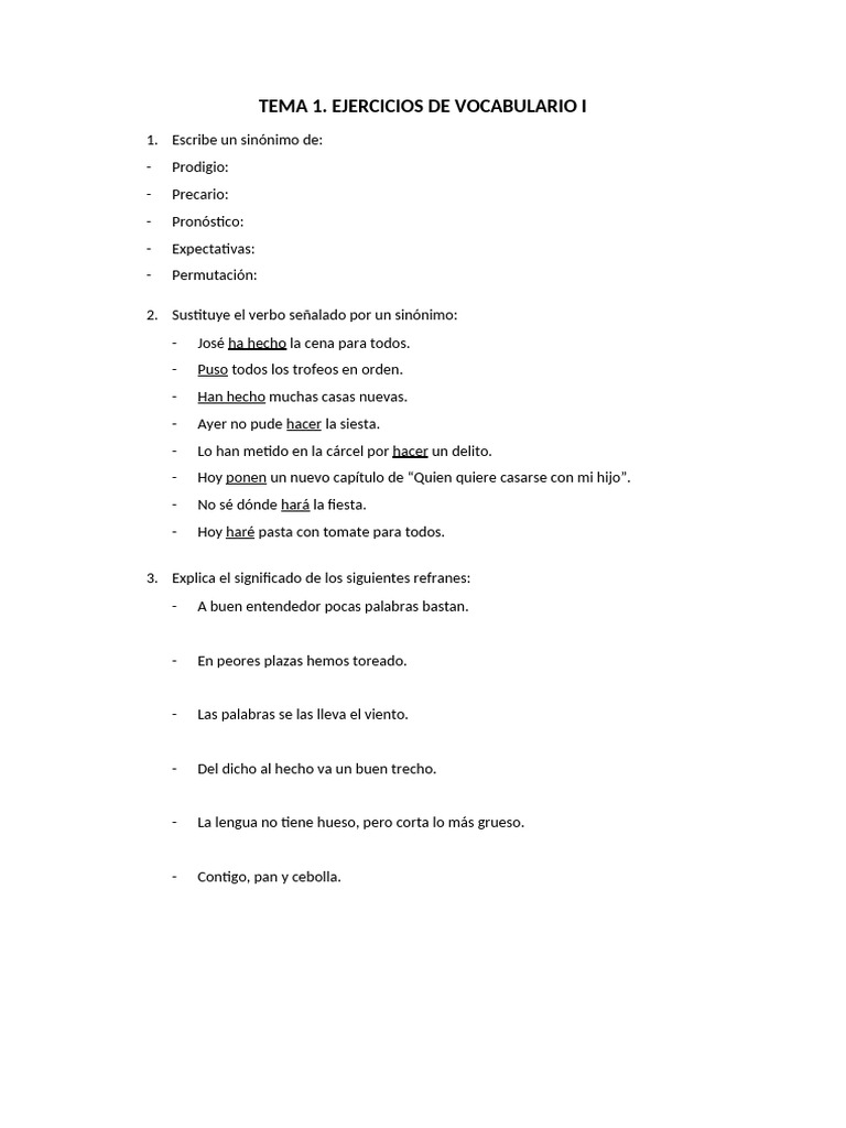 Tema 1. Ejercicios de Vocabulario 2 | PDF | Artes del Lenguaje y ...