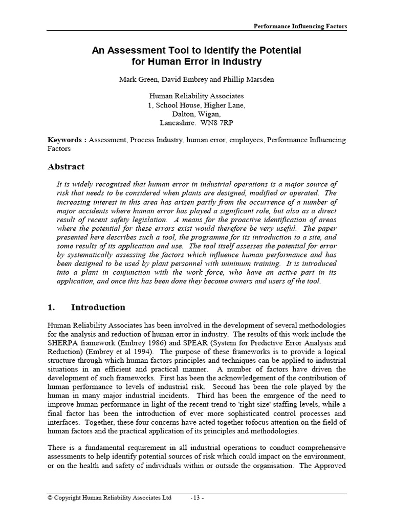 Green Embrey Marsden 1994 - Human Error | PDF | Risk | Reliability Engineering