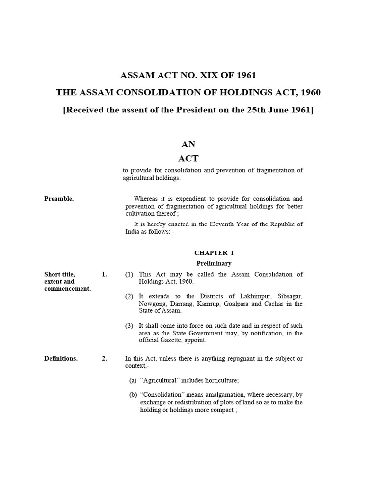 MDF The Assam Consolidation of Holding Act, 1960. | PDF | Lease | Justice
