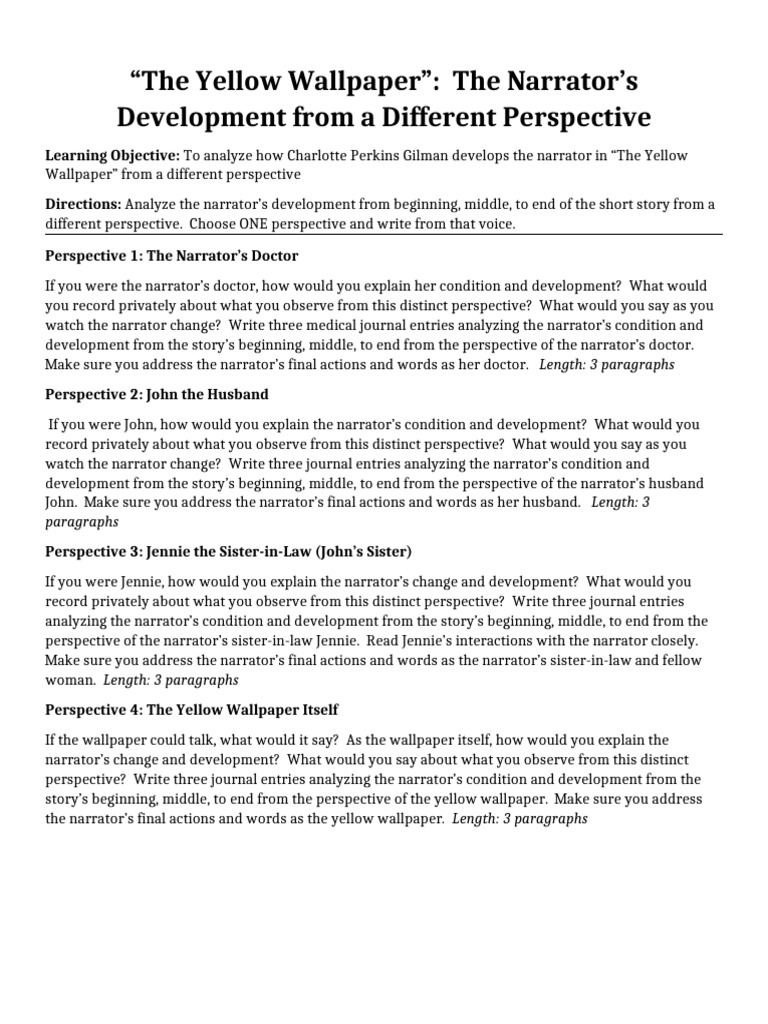 Perspective Assignment Yellow Wallpaper | PDF | The Yellow Wallpaper | Narration